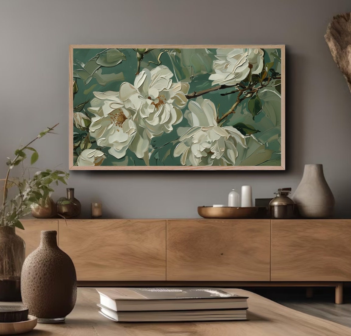 White Roses Oil Painting: Rustic Farmhouse Frame TV Art (digital ...