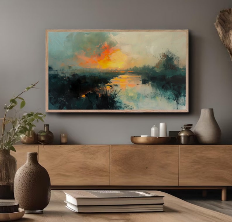 Frame Tv Art Moody Summer Sunset Landscape Vintage Painting Spring