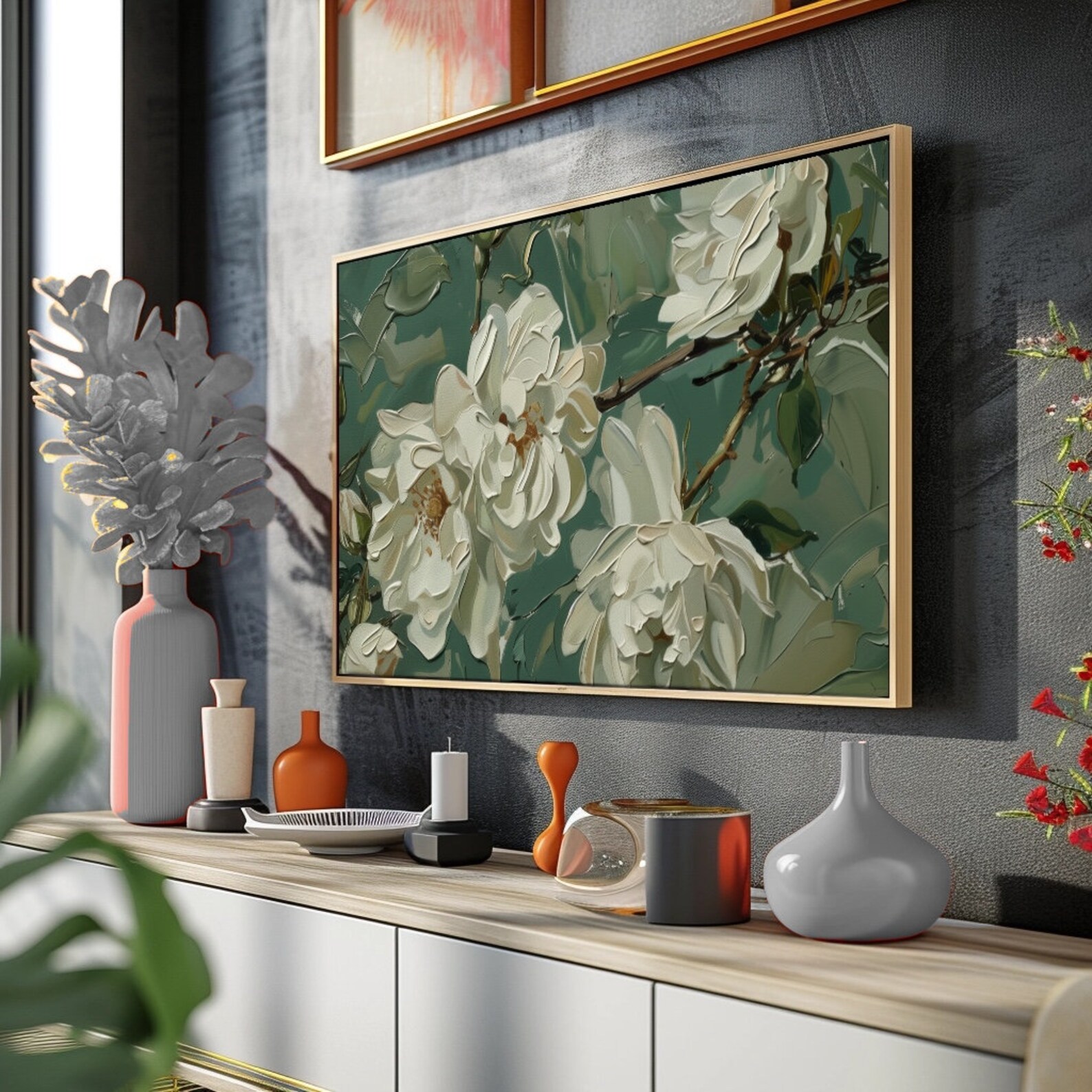 White Roses Oil Painting: Rustic Farmhouse Frame TV Art (digital ...