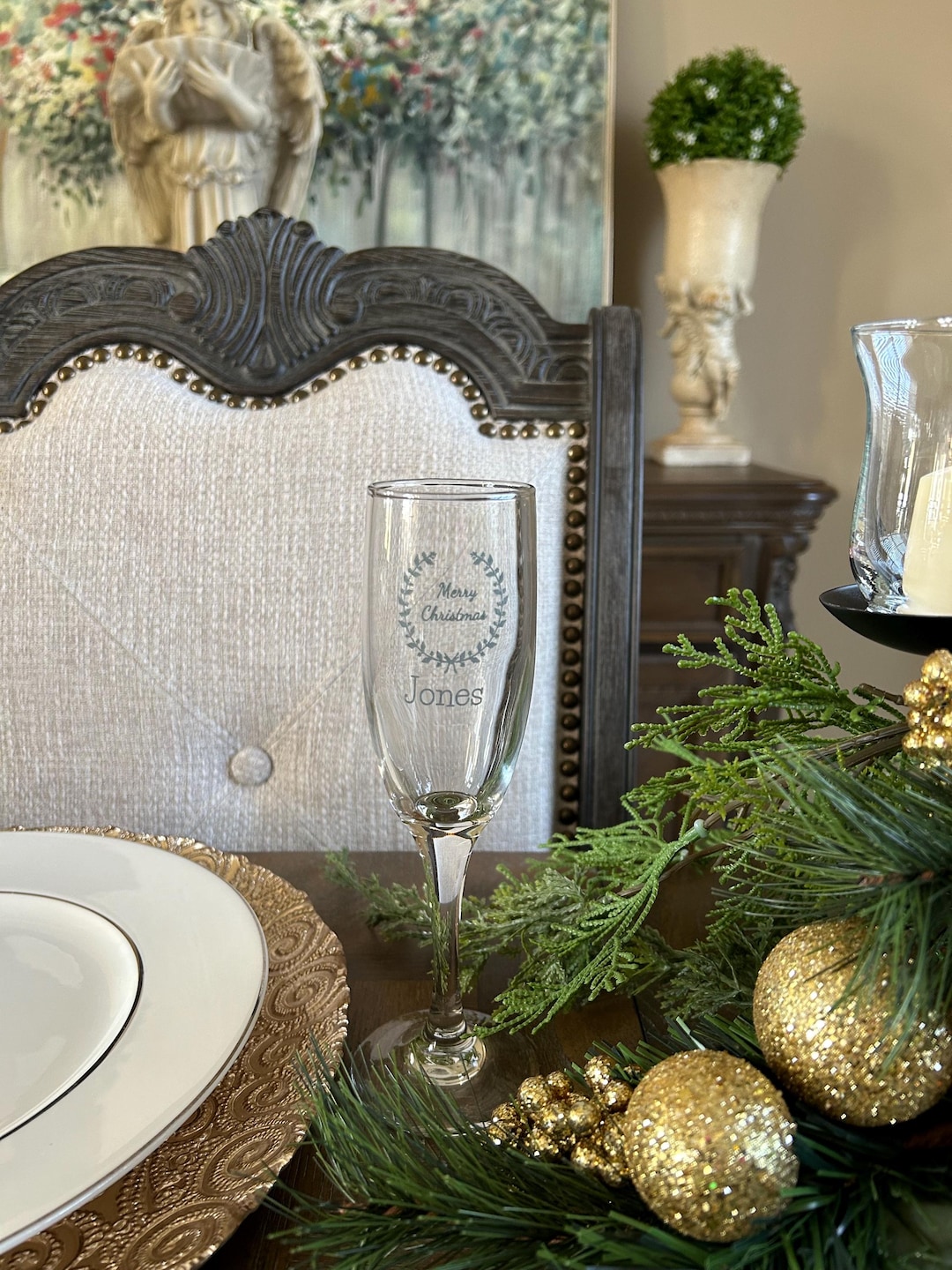 Personalized Christmas Holly Scroll Champagne Glass Set - Etsy