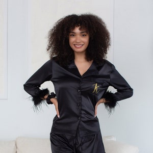 Black Feather Pajama Set, Bridesmaid Feather Set, Pajamas With Feathers ...