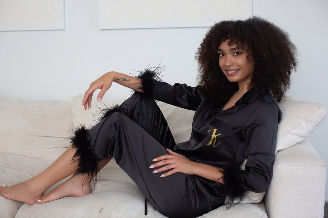 Black Long Feather Pajama, Satin Feather Pajamas, Long Feather Pajama ...