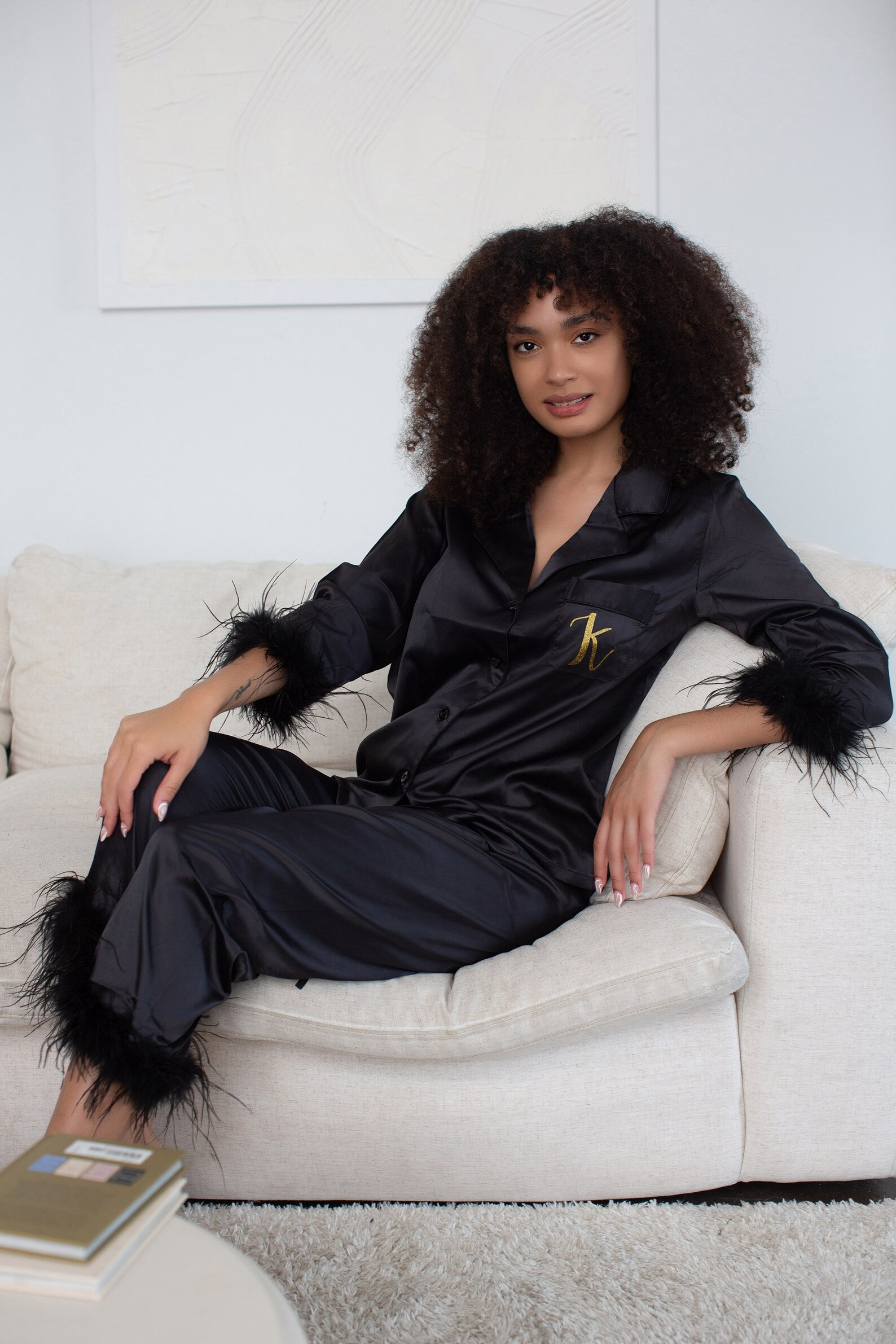 Black Long Feather Pajama, Satin Feather Pajamas, Long Feather Pajama ...