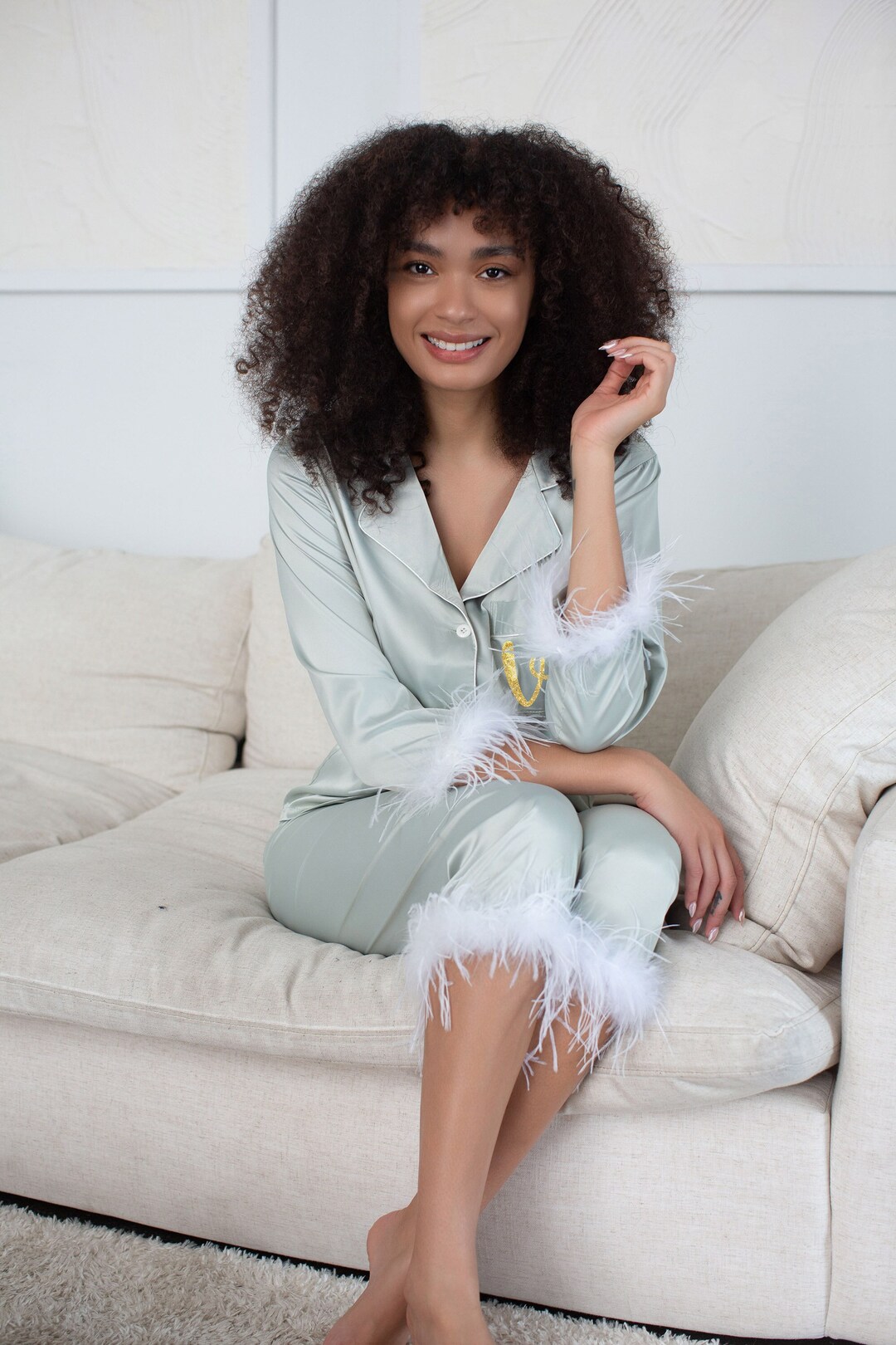 Sage Feather Long Pajama, Green Feather Long Pajama, Feather Trim Long ...