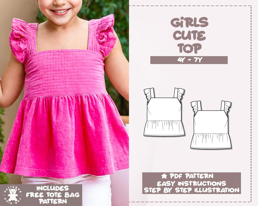 Kids Top Sewing Pattern Girls Blouse Pattern 4Y-7Y Gathered Waist Short ...