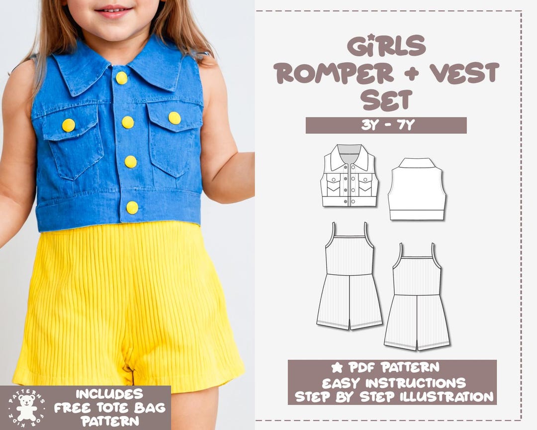 Girls Set Sewing Pattern 3Y-7Y Cami Romper Pattern Vest PDF Pattern Kid ...