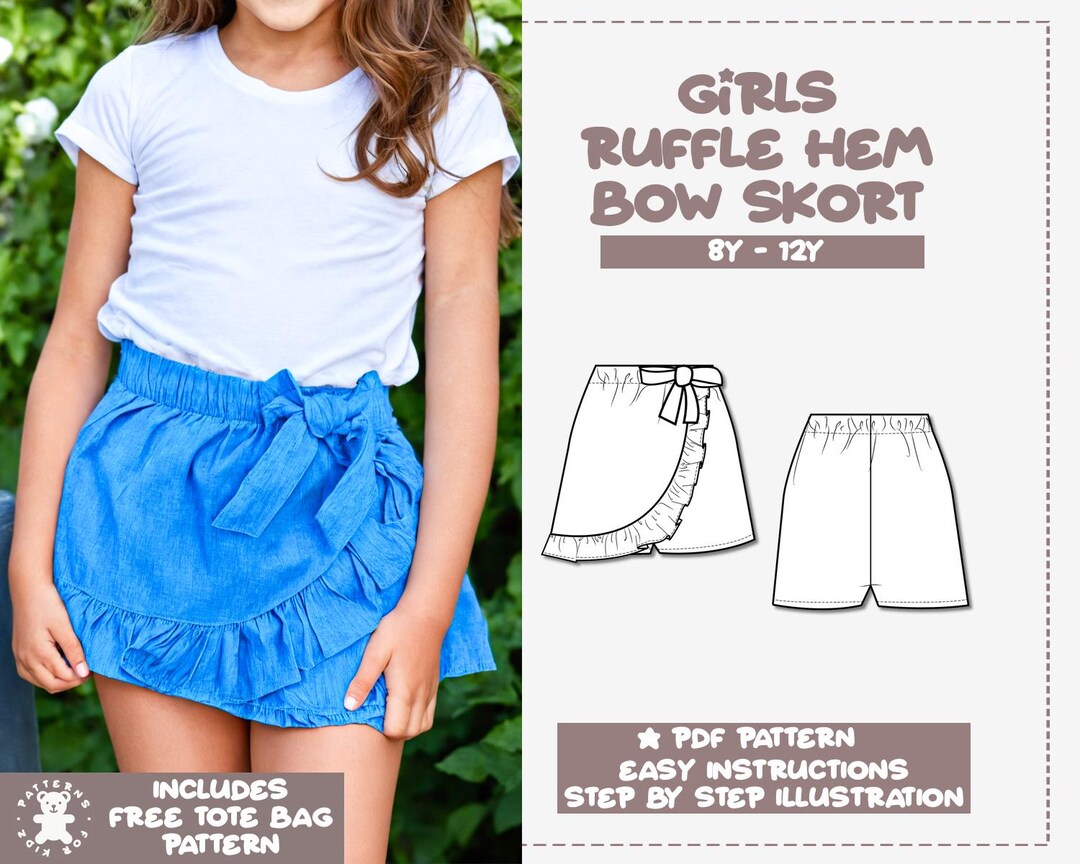 Girls Skort Sewing Pattern Ruffle Hem Bow Skort PDF Pattern 8Y-12Y ...