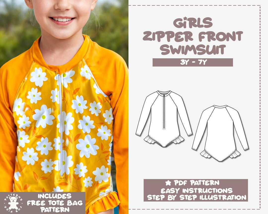 Kids Swimsuit Sewing Pattern Girl Zipper Front Peplum Swimsuit PDF ...