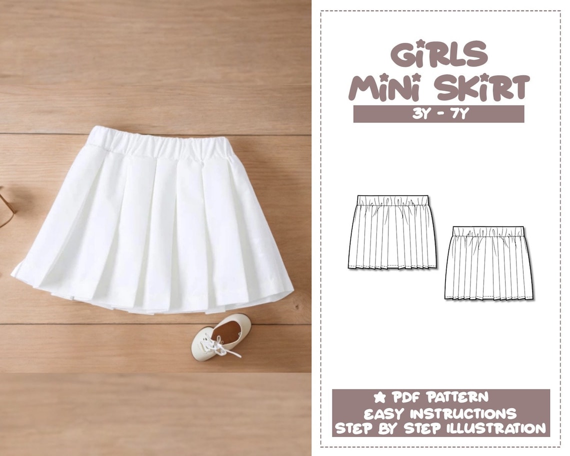 Girls Skirt Sewing Pattern 3Y-7Y Pleated Skirt Pattern Kids Sewing ...