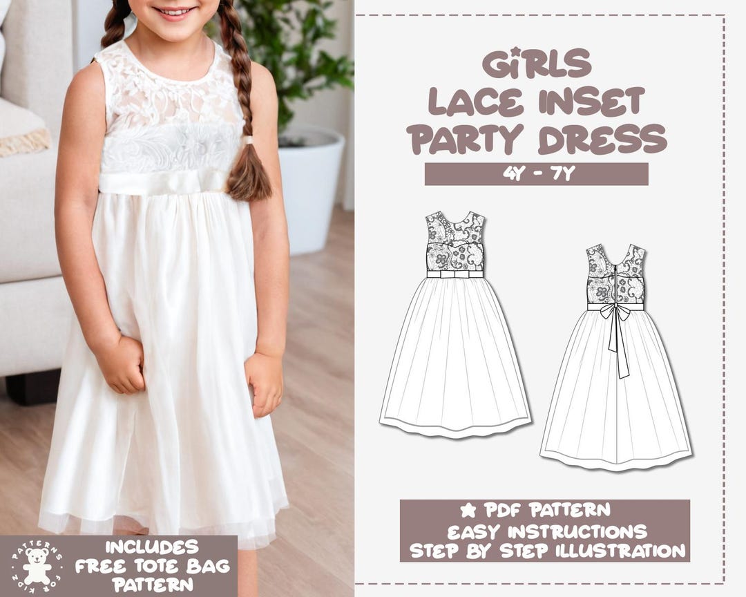 Girls Party Dress Sewing Pattern Girls Lace Inset Mesh Hem Party Dress ...
