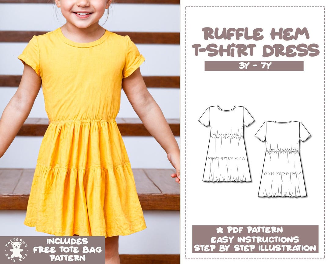 Girl Dress Sewing Pattern 3Y-7Y Ruffle Hem T-shirt Dress Pattern Kids ...