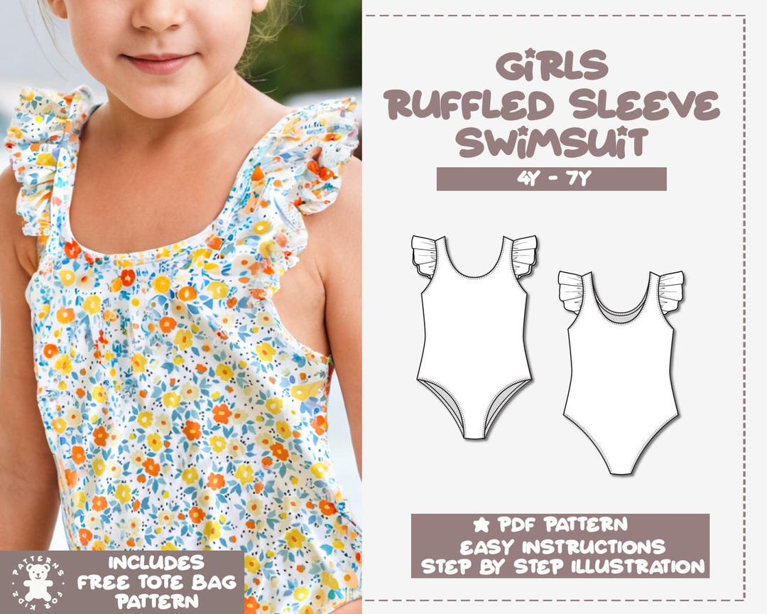 Swimsuit Sewing Pattern 4Y-7Y Girls Ruffled Sleeve One Piece Swimsuit ...