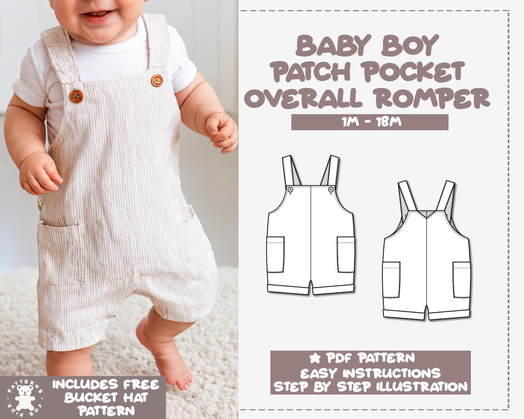 Baby Sewing Pattern 1M-18M Baby Boy Patch Pocket Overall Romper PDF ...