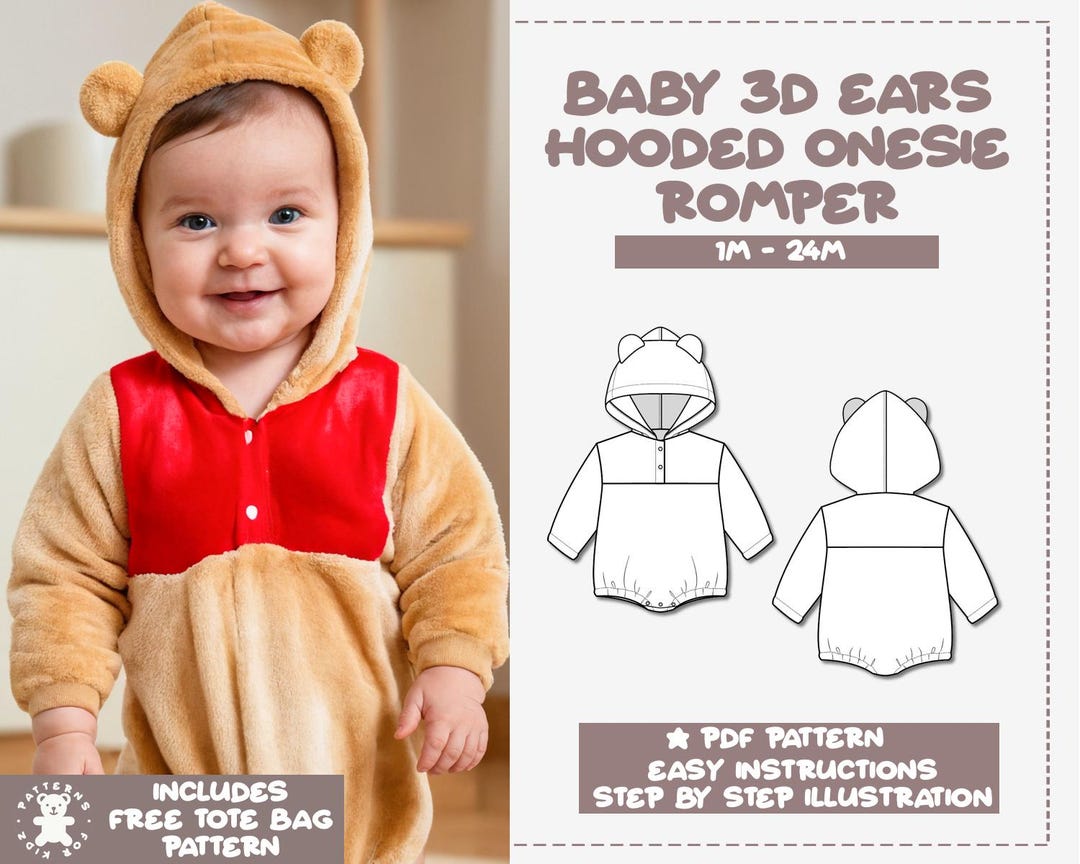 Baby Sewing Pattern 1M-24M Baby 3D Ears Hooded Onesie Romper PDF Pattern Newborn Onesie Sewing ...