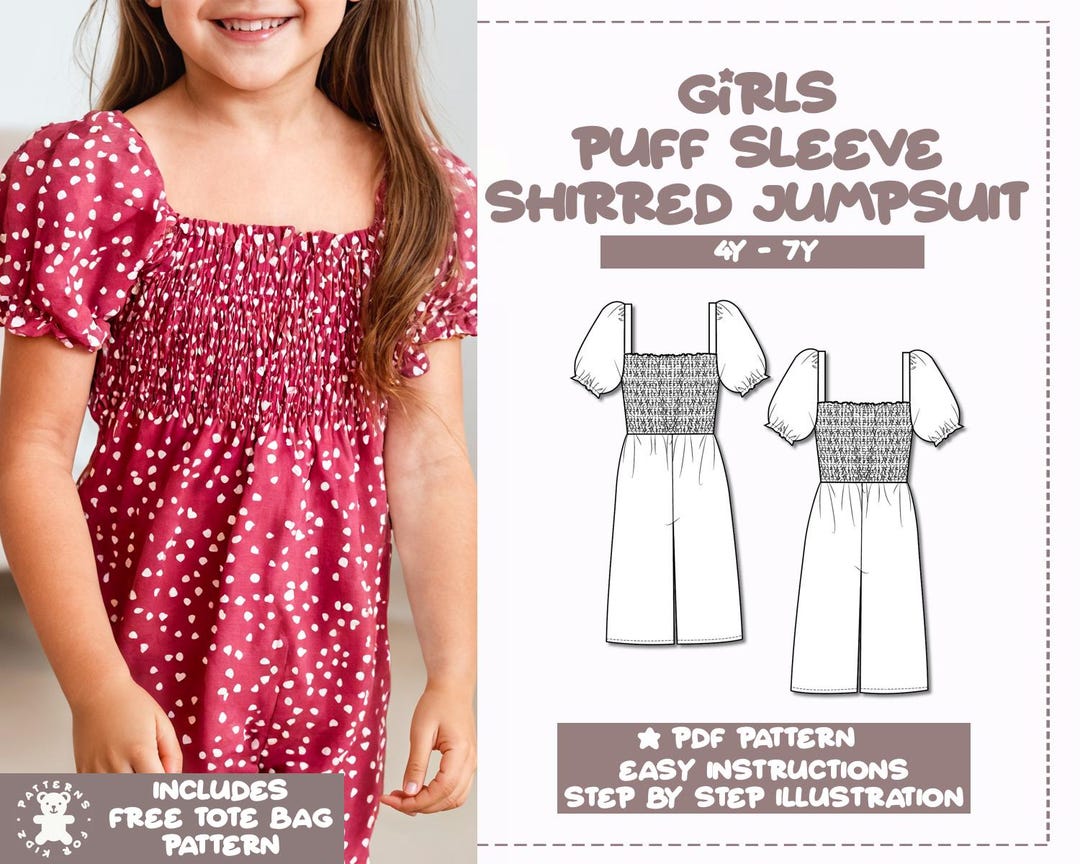 Girls Jumpsuit Sewing Pattern 4Y-7Y Puff Sleeve Jumpsuit Sewing Pattern ...