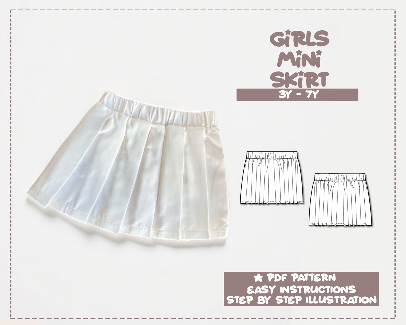 Girls Skirt Sewing Pattern 3Y-7Y Pleated Skirt Pattern Kids Sewing ...