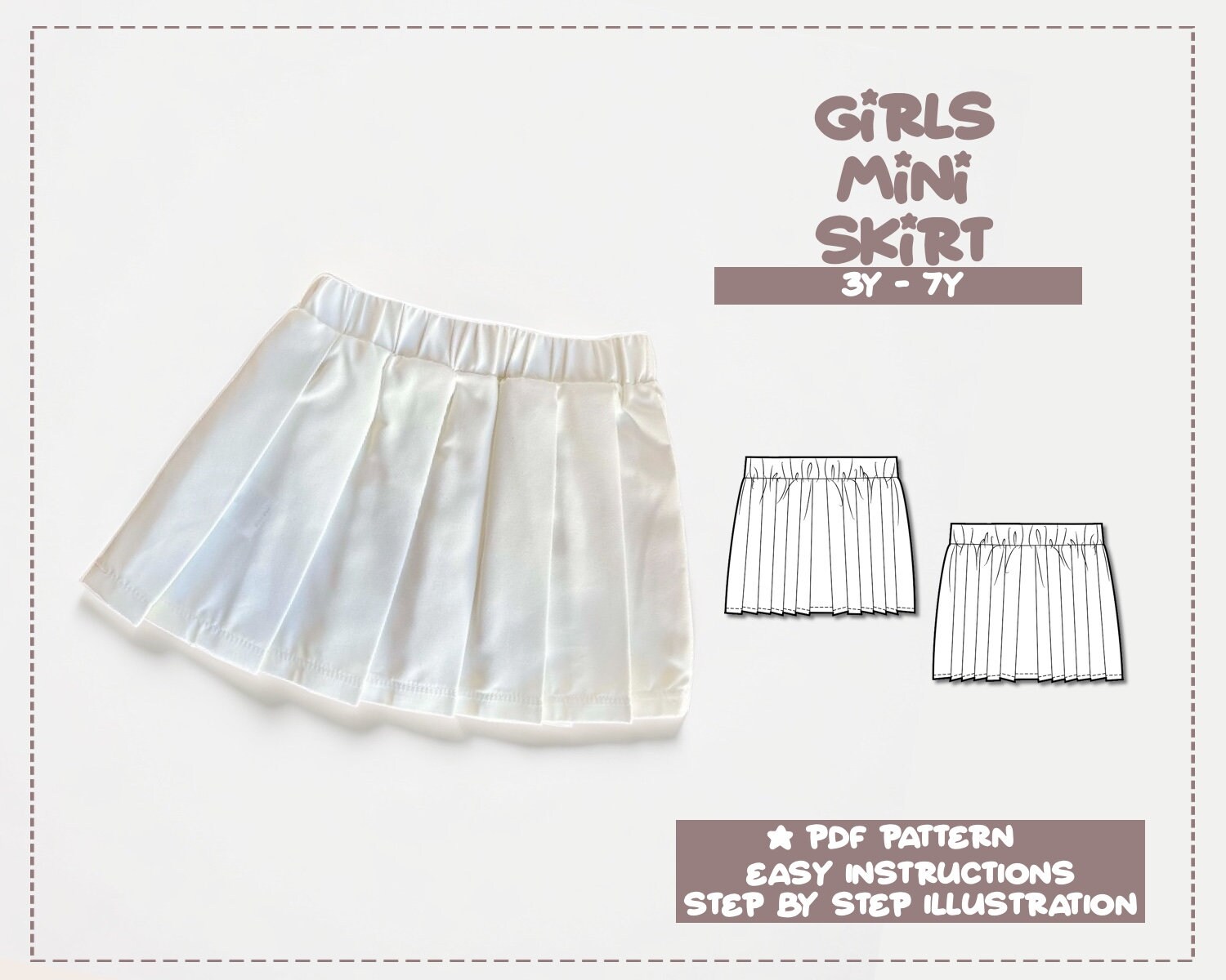 Girls Skirt Sewing Pattern 3Y-7Y Pleated Skirt Pattern Kids Sewing ...