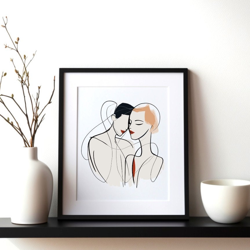 Kiss Print | Couple One Line | Couple Kiss | Wall Art | Face Line Art ...