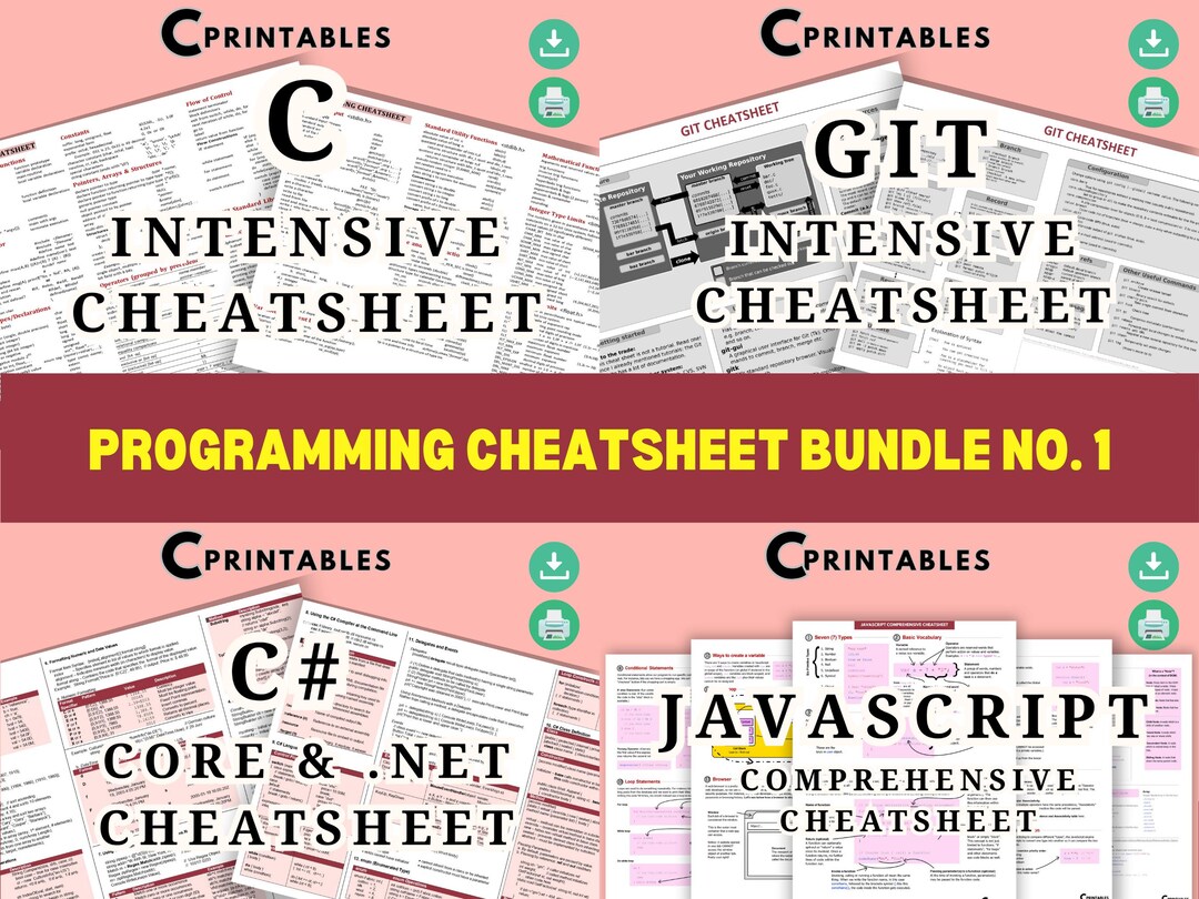 Programming Cheatsheet Bundle | C, C# and .NET, Git, Javascript | Developer Syntax & Commands ...