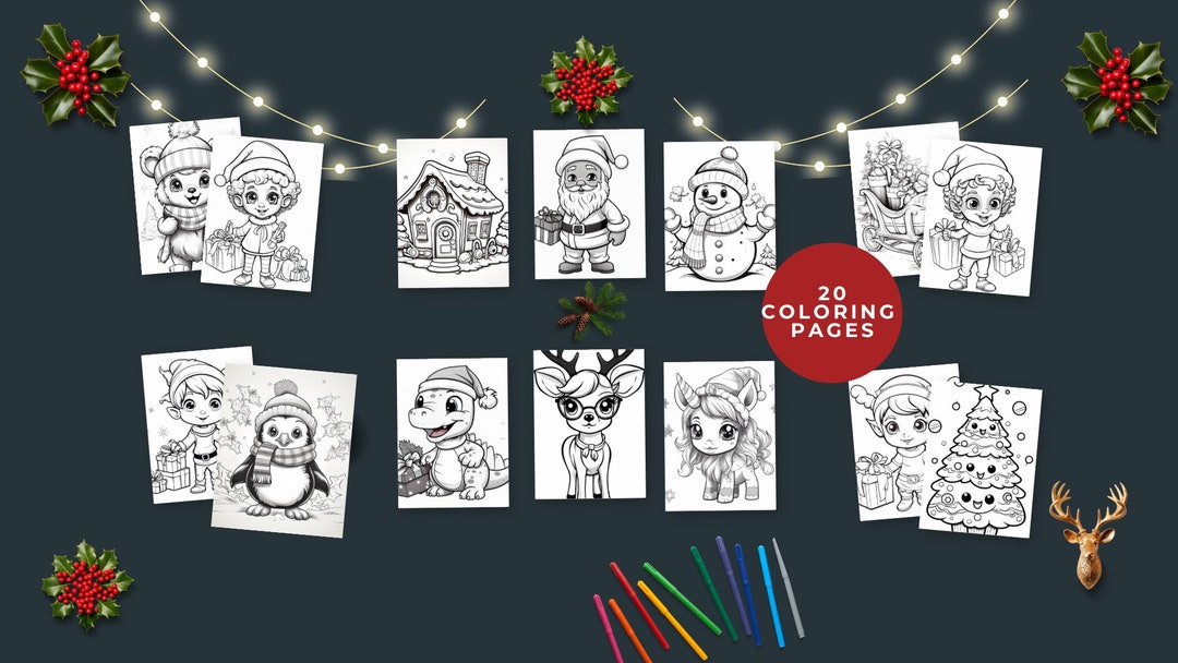 20 Page Christmas Coloring Bundle, Variety of Elves, Santas, Reindeer ...