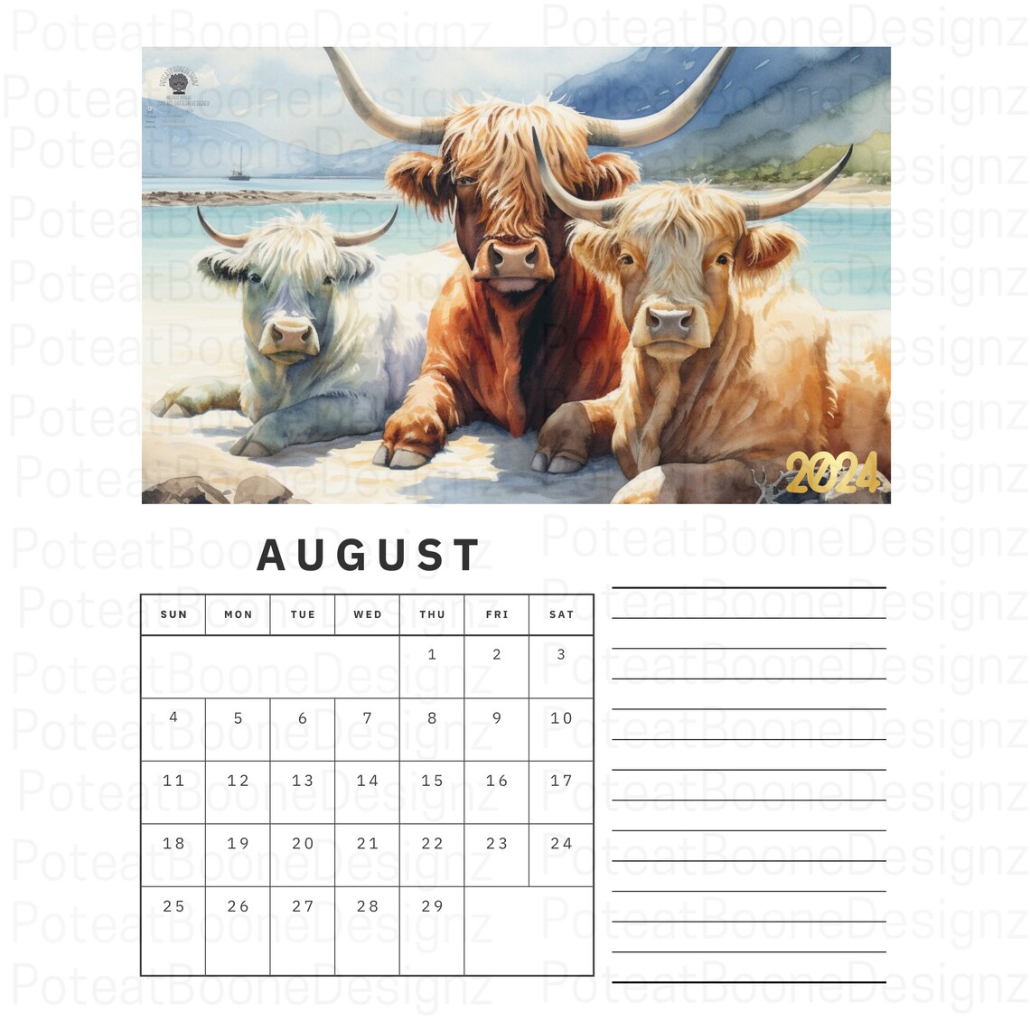 Highland Cows 12-month Calendar| Instant Download | Printable - Etsy