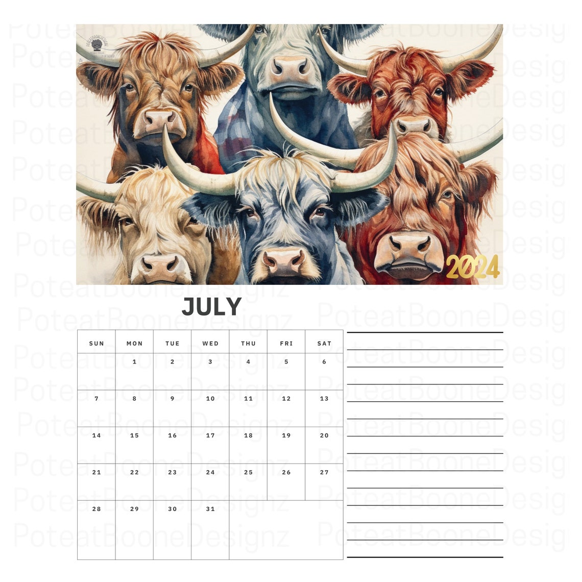 Highland Cows 12-month Calendar| Instant Download | Printable - Etsy