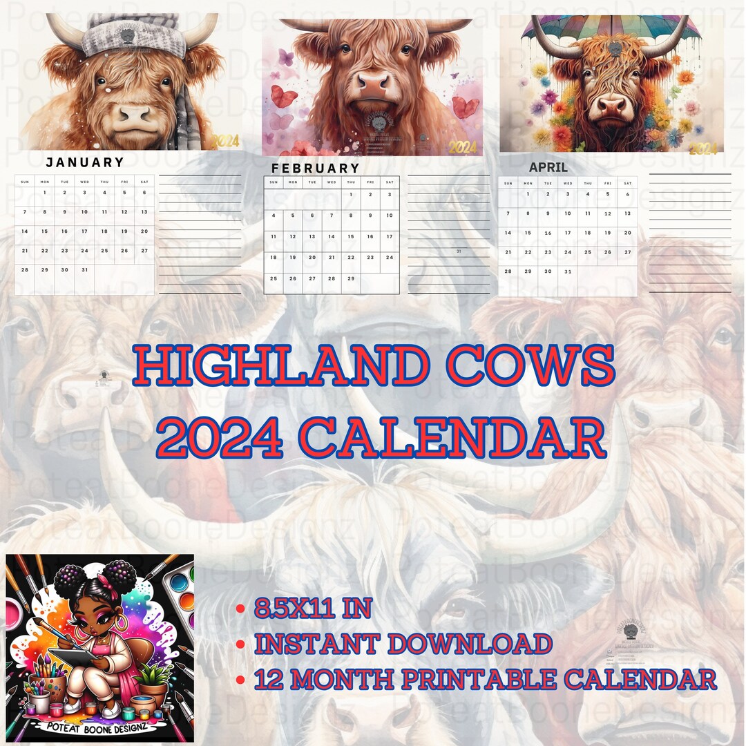 Highland Cows 12-month Calendar| Instant Download | Printable - Etsy