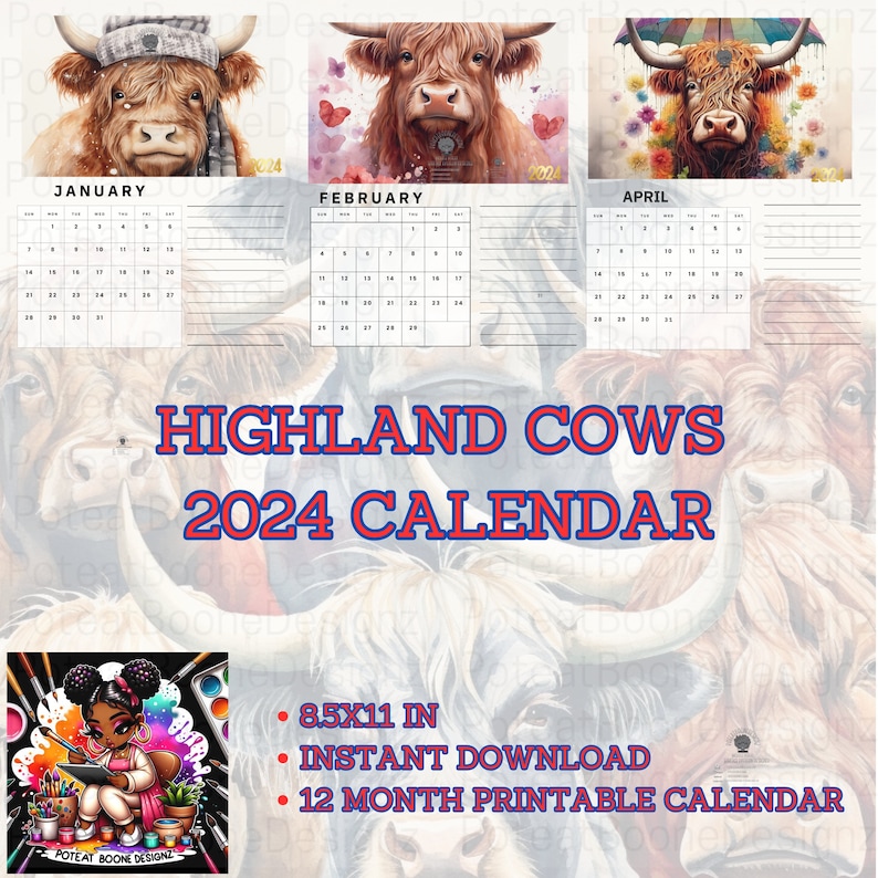 Highland Cows 12-month Calendar| Instant Download | Printable - Etsy