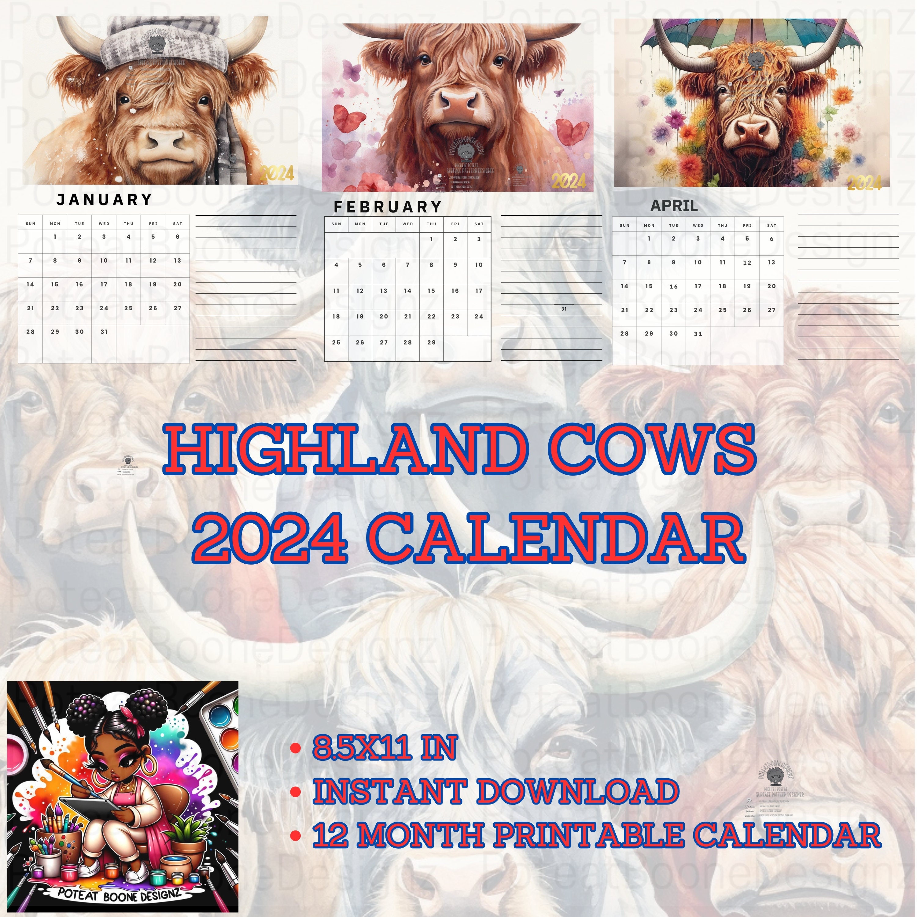 Highland Cows 12-month Calendar| Instant Download | Printable - Etsy