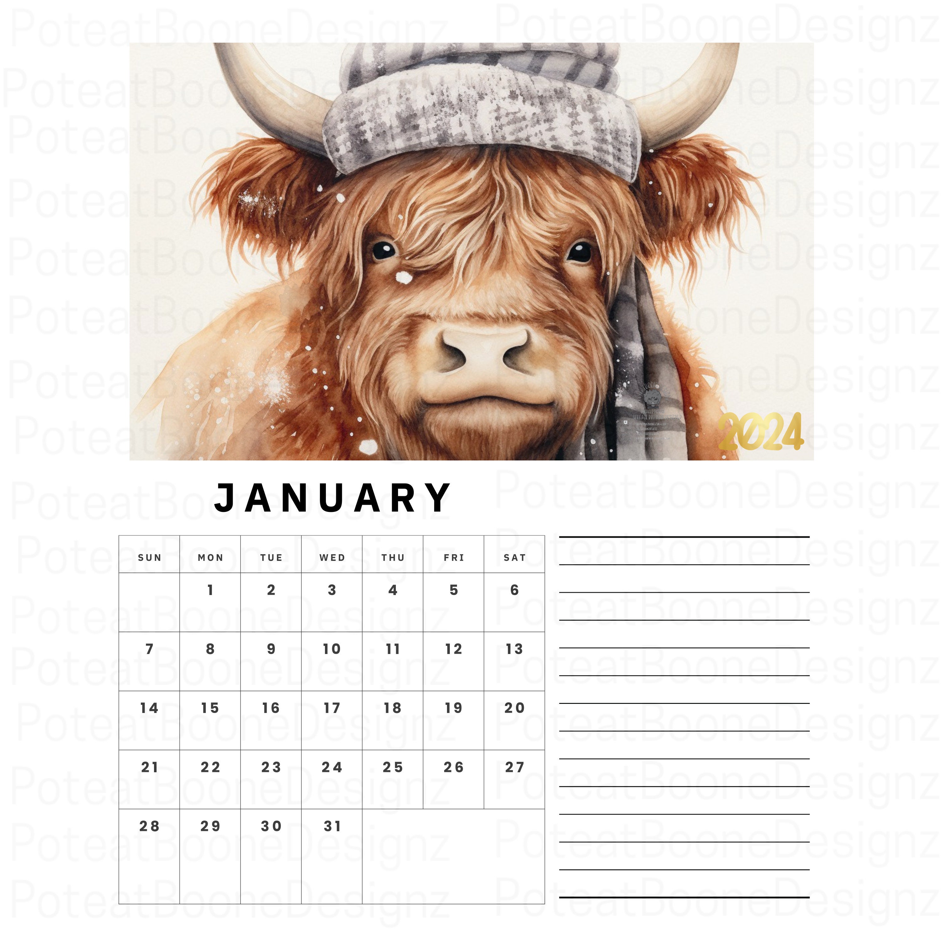 Highland Cows 12-month Calendar| Instant Download | Printable - Etsy