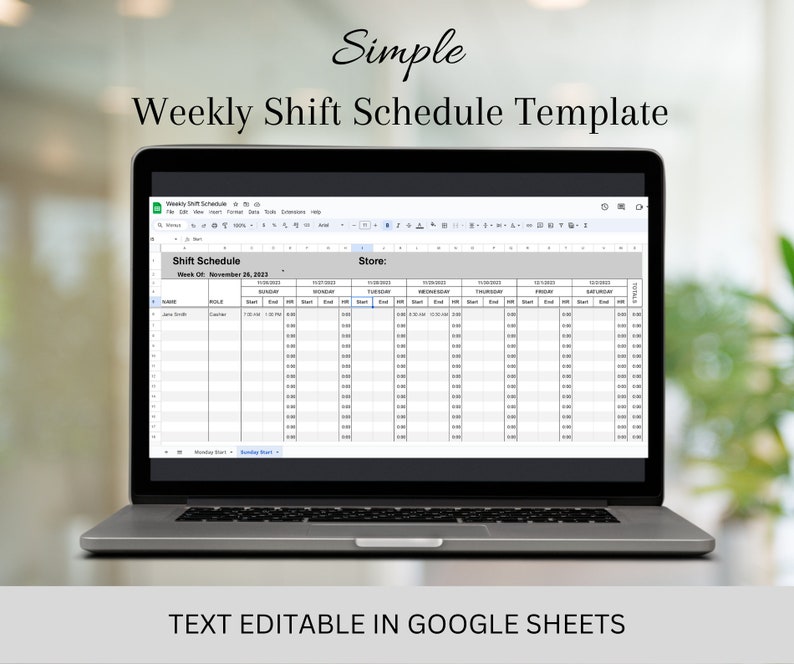 Google Sheets Weekly Shift Schedule Template Calendar, Text Fillable ...