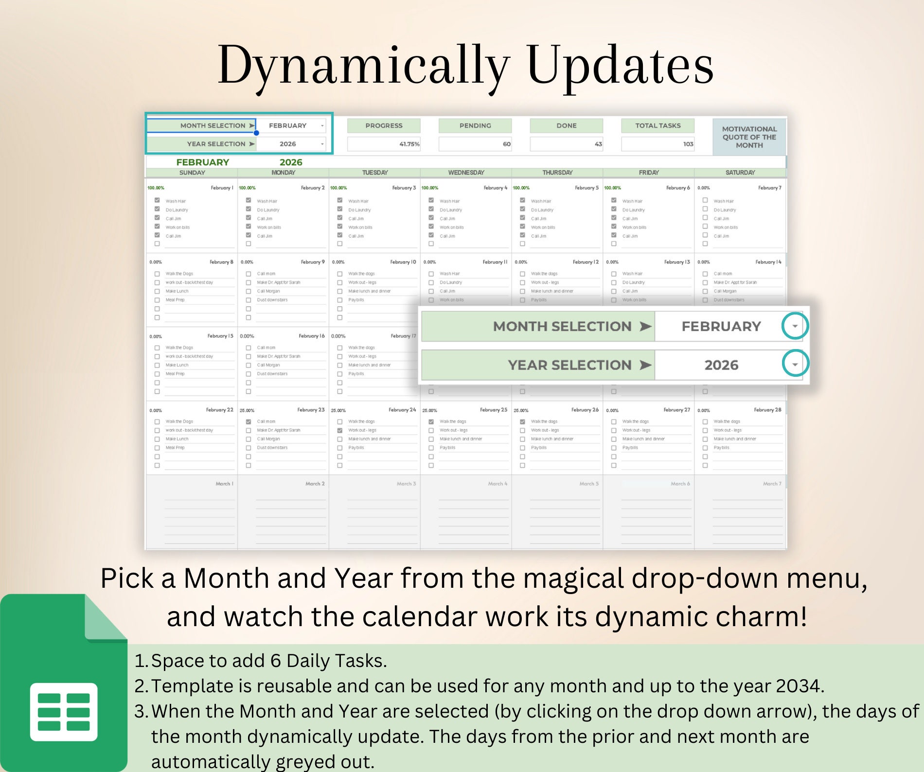 UPDATED - Monthly Calendar Google Sheets Template, Task Tracker, Daily ...