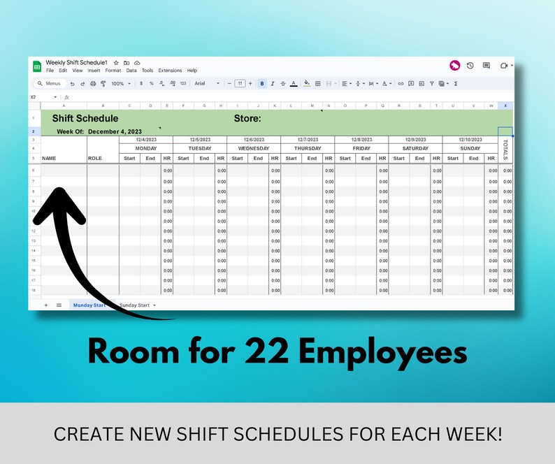 Google Sheets Weekly Shift Schedule Template Calendar, Text Fillable ...