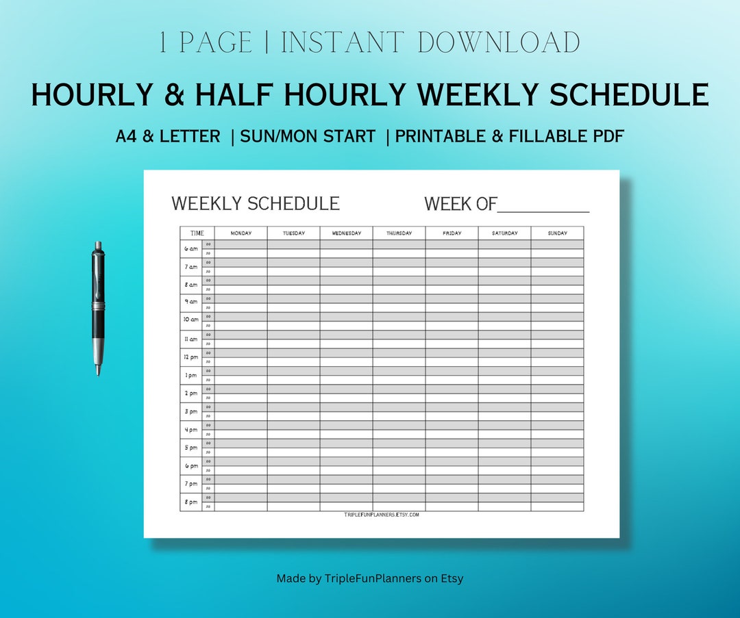 Hourly Weekly Schedule, A4 /letter Size, Printable Planner (digital ...