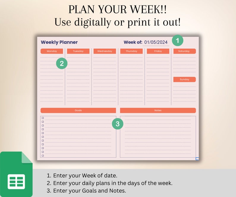 Editable Weekly Planner – Google Sheets, Printable Agenda (digital ...