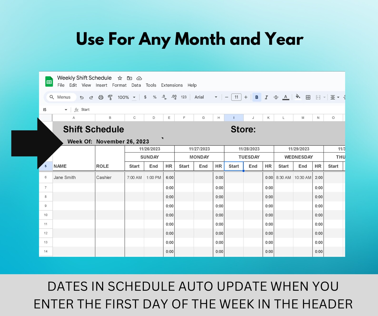 Google Sheets Weekly Shift Schedule Template Calendar, Text Fillable ...