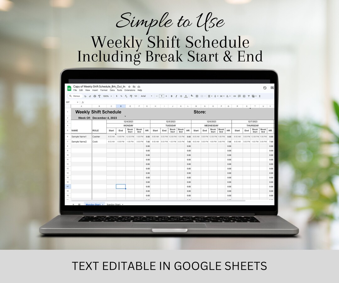 Google Sheets Weekly Shift Schedule Template Calendar With Break Start ...