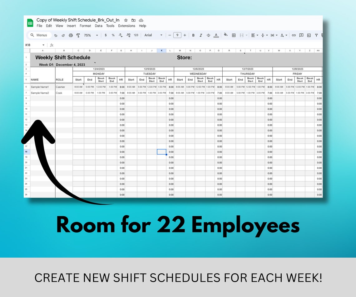 Google Sheets Weekly Shift Schedule Template Calendar With Break Start ...