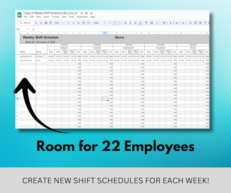Google Sheets Weekly Shift Schedule Template Calendar With Break Start ...