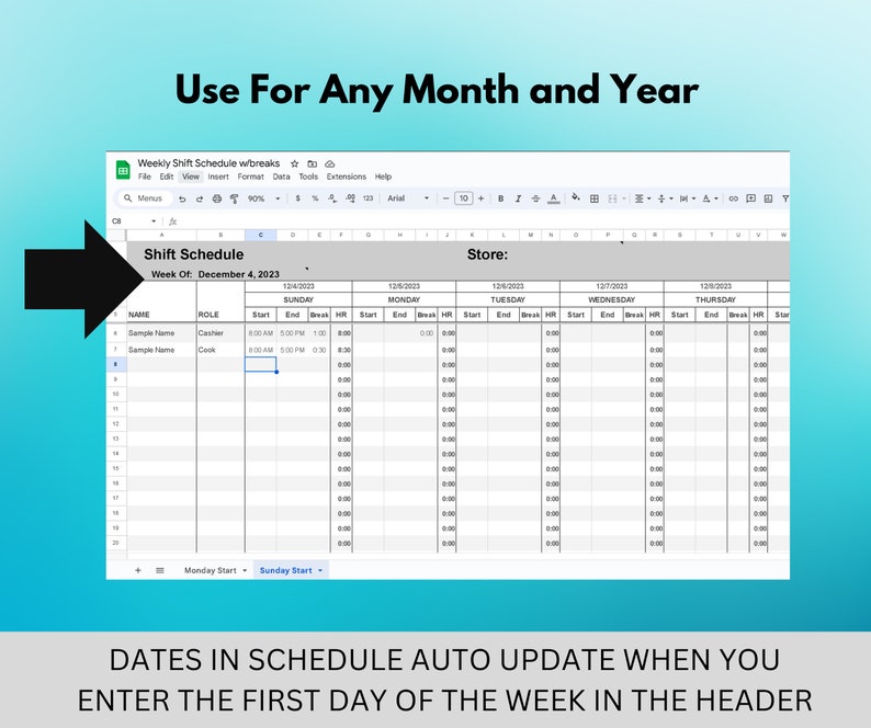 Google Sheets Weekly Shift Schedule Template Calendar With Breaks ...