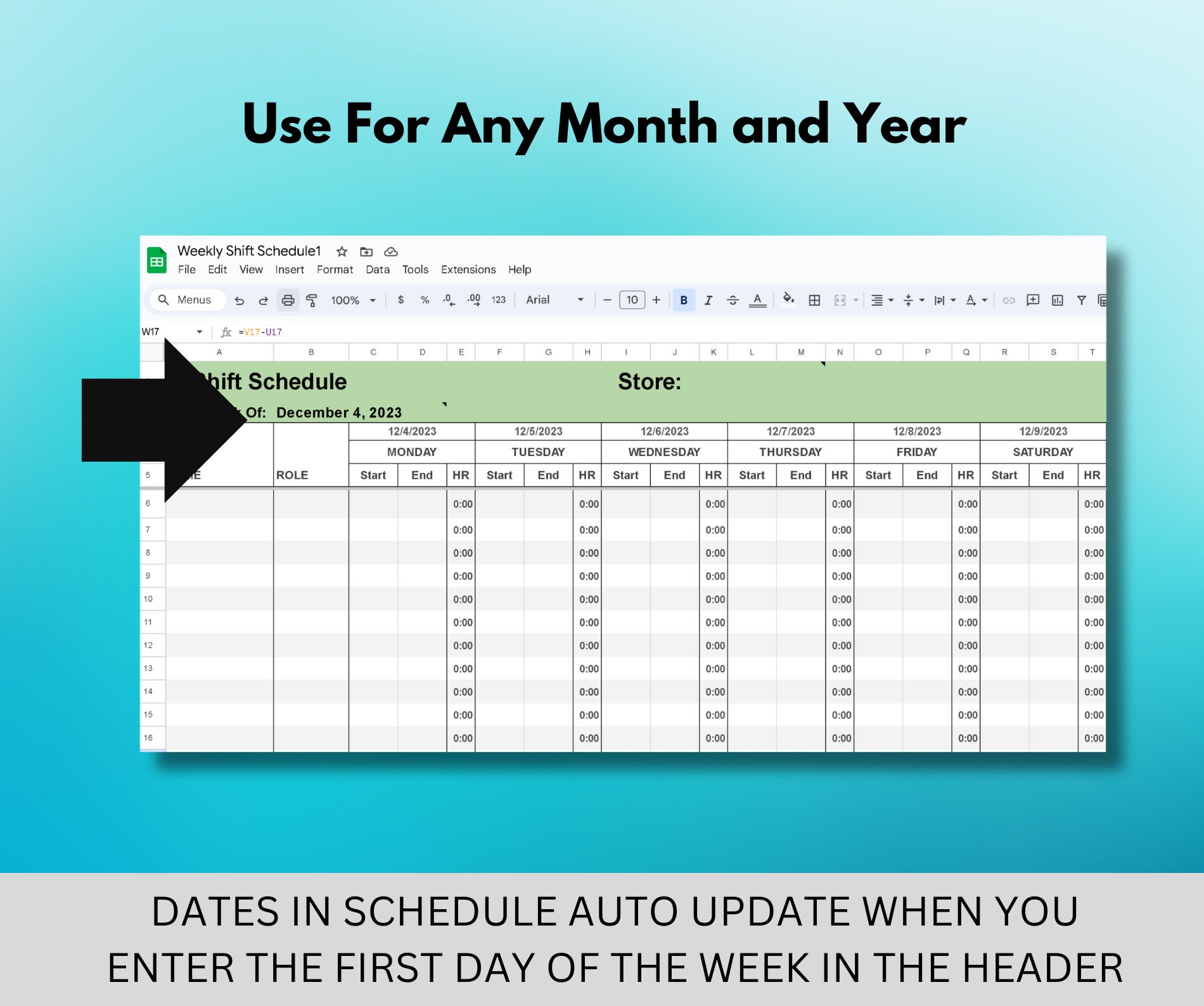 Google Sheets Weekly Shift Schedule Template Calendar, Text Fillable ...