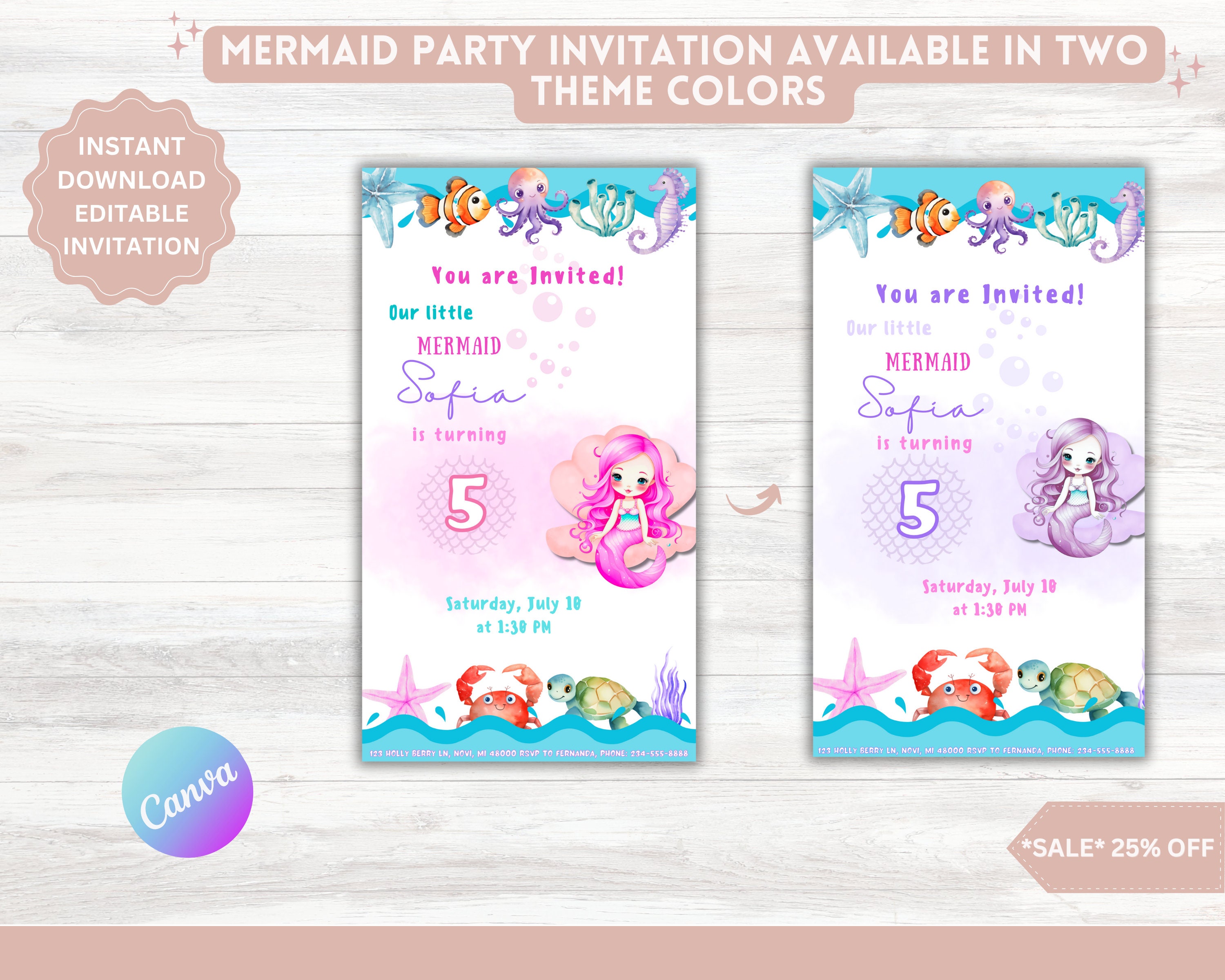 Digital Pink Mermaid Birthday Invitation Editable Mermaid Invitation ...