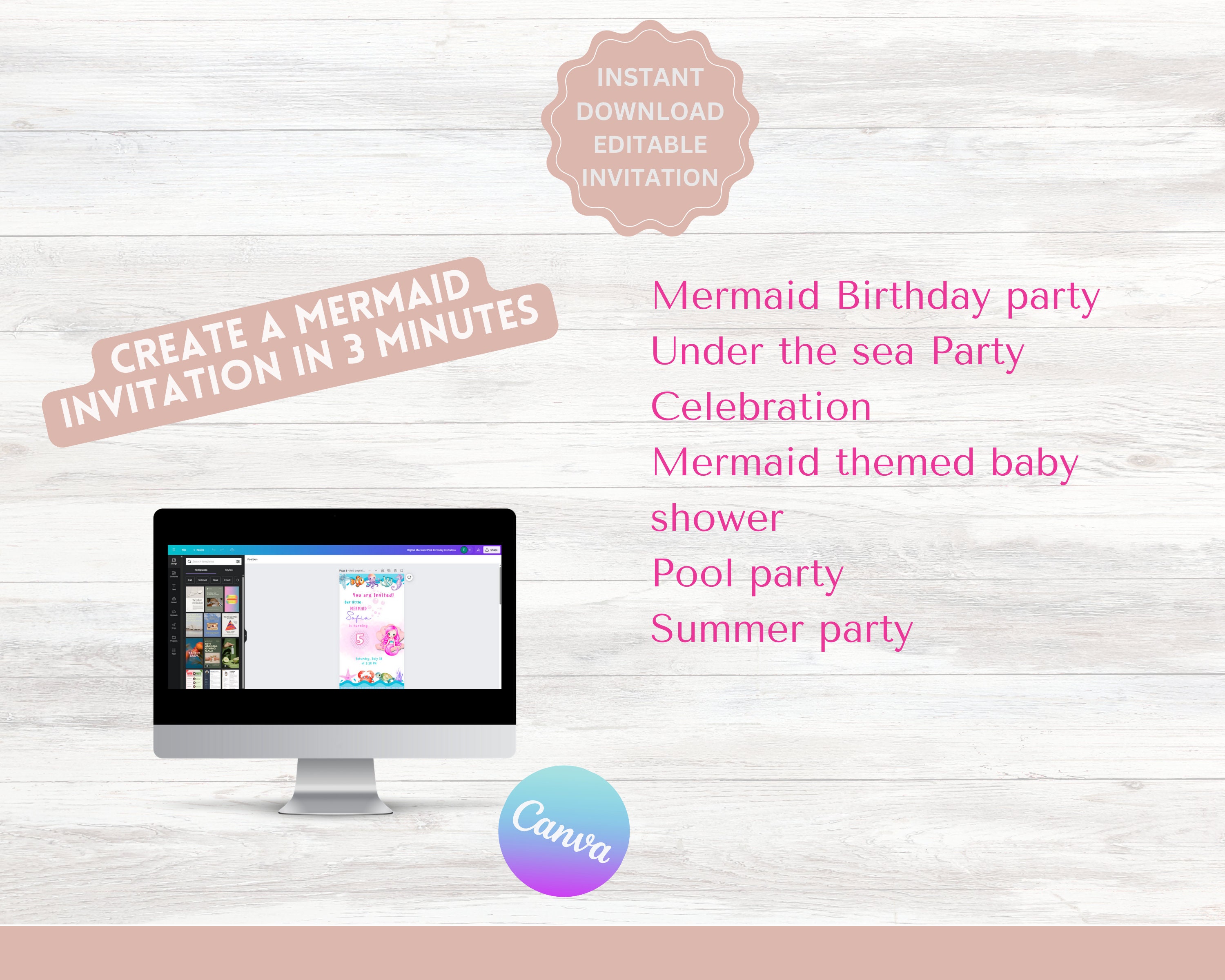 Digital Pink Mermaid Birthday Invitation Editable Mermaid Invitation ...
