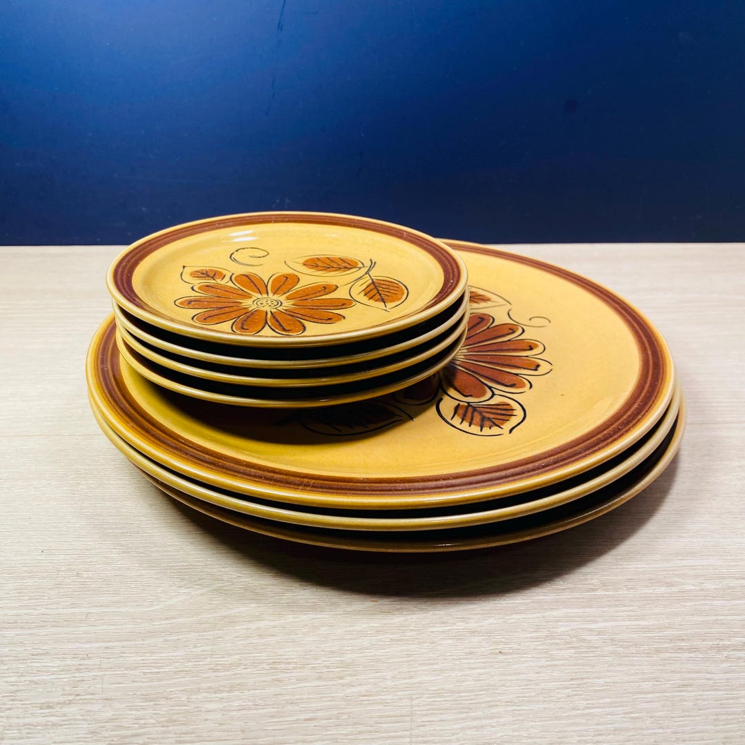 Vintage 70s La Mesa Stoneware Plates: Brown Daisy Floral Mid-century ...