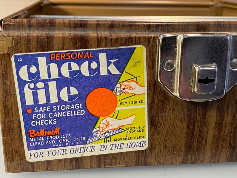 Vintage Metal Check File Box Midcentury Industrial 1960s Wood-look ...