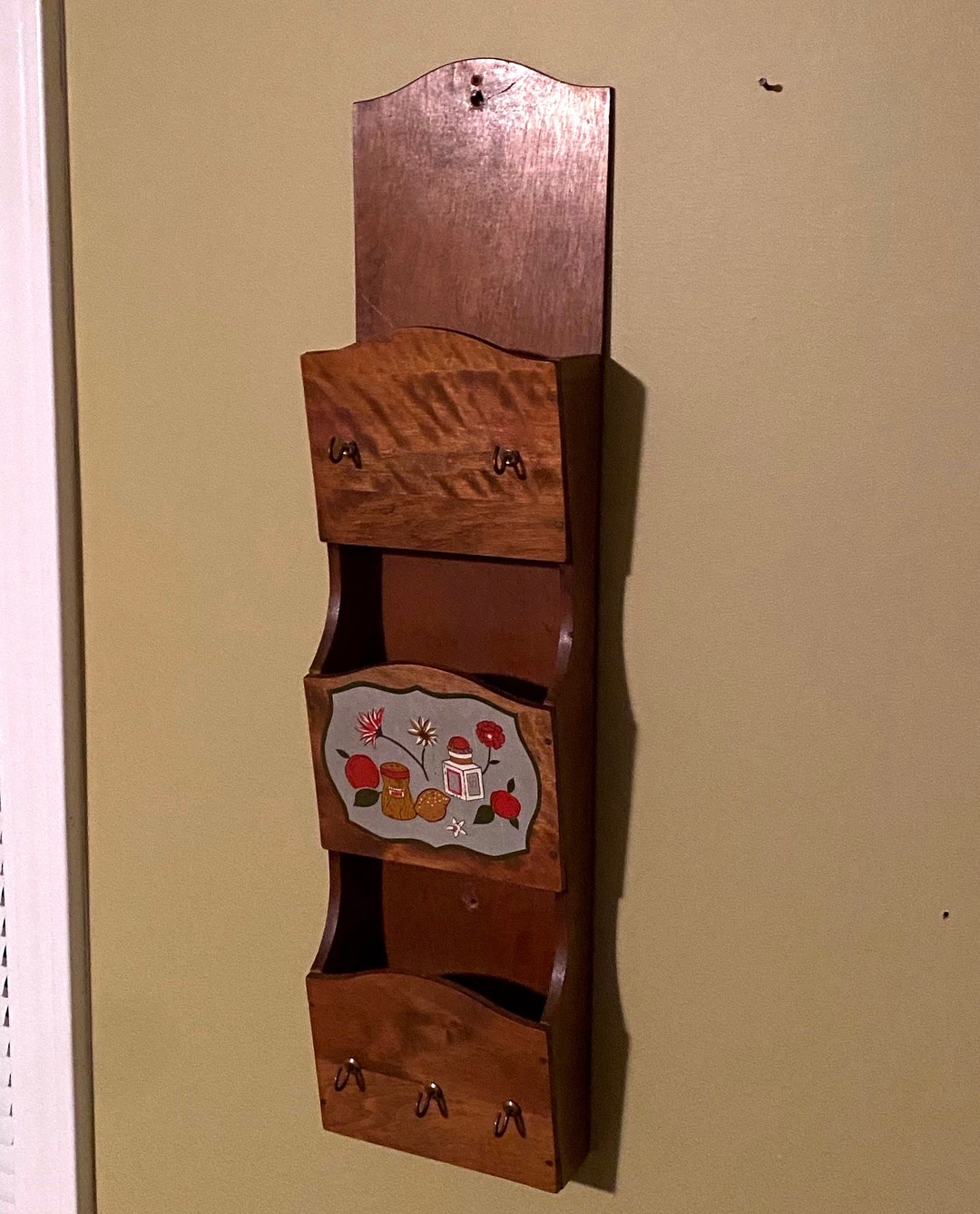 Vintage Wooden Mail Rack Letter Holder 3 Slotted With Key Hooks ...