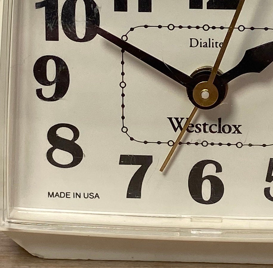 Vintage Modern White Clock, Black and White Westclox Dialite Bedside ...