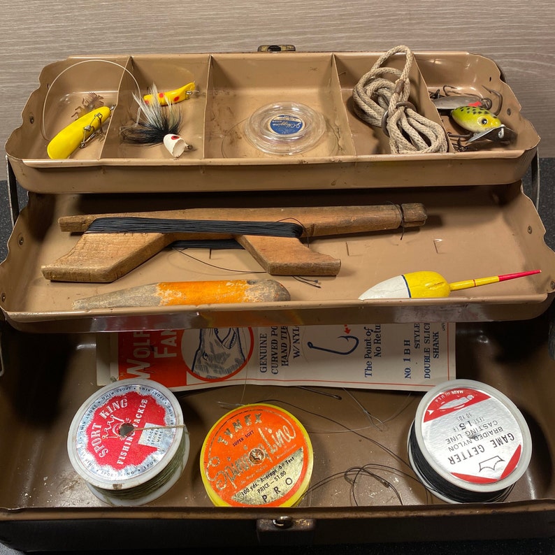 Vintage Mahawk Metal Fishing Box, With Tackle and 2 Top Folding Shelves ...