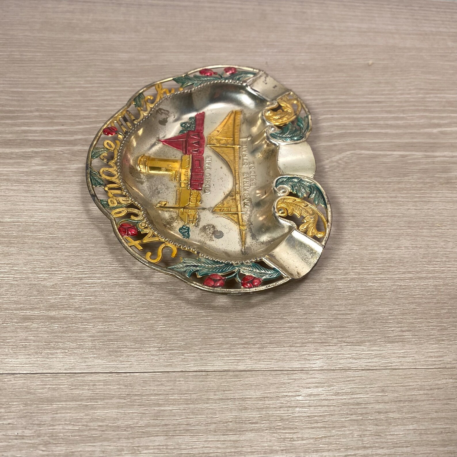 Vintage St. Ignace Ashtray Painted Metal Mackinac Bridge Curio Fair ...