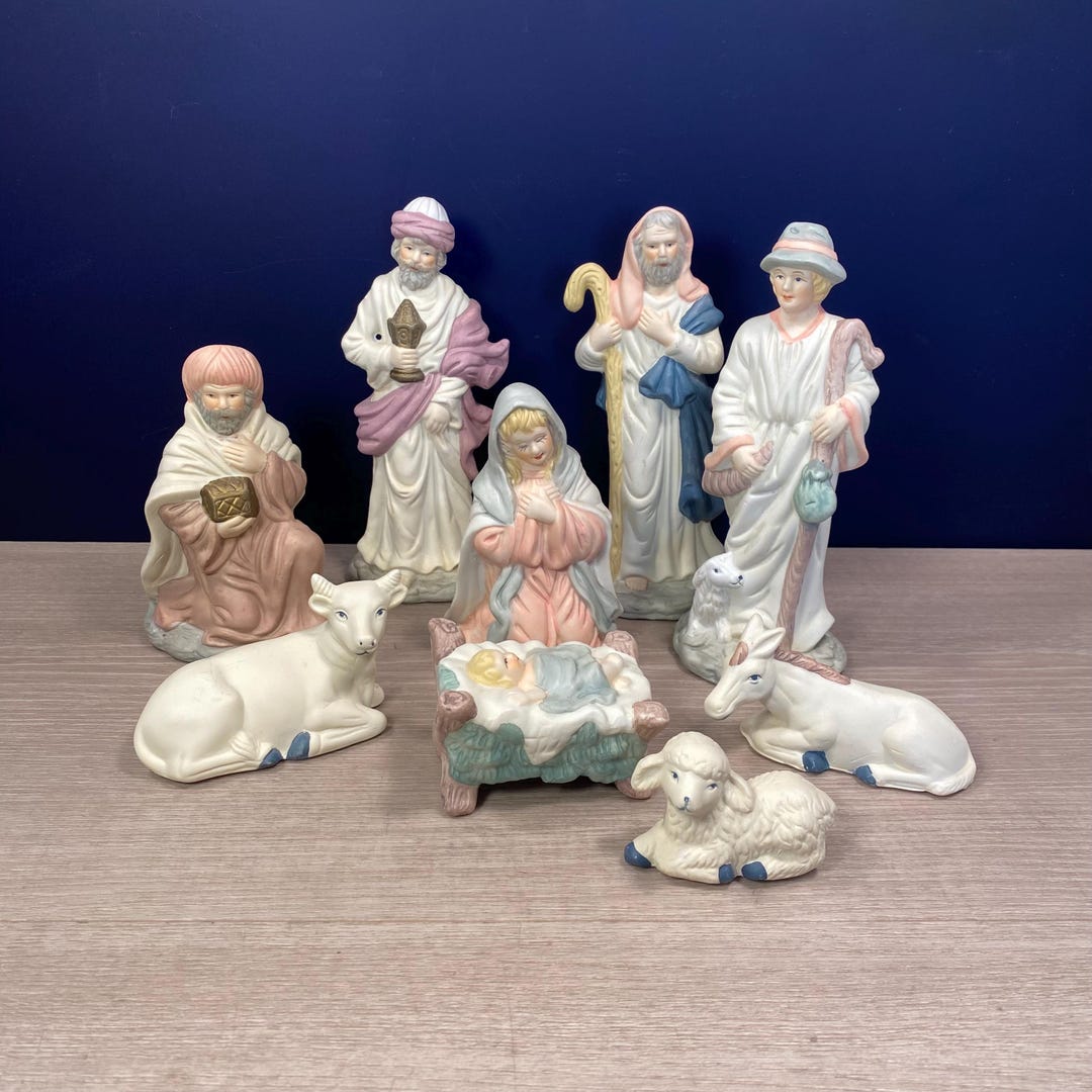 Reserved for Kristi Vintage Pastel Bisque Ceramic Nativity Set 8 Piece ...